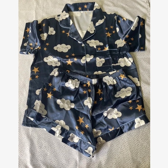 Intimates & Sleepwear | Cozy Light Blue Satin Smiley Star Print Button ...